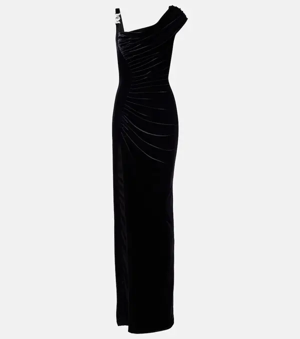 Versace Asymmetric Gathered Velvet Gown - Black