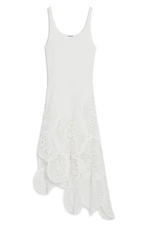 Desigual Asymmetric Hem Crochet Trim Cotton Dress