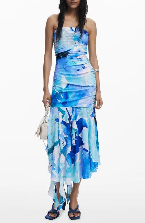 Desigual Floral Print Shirred Midi Dress