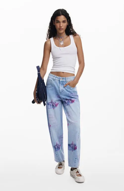 Desigual Printed Boyfriend Barrel Leg Jeans