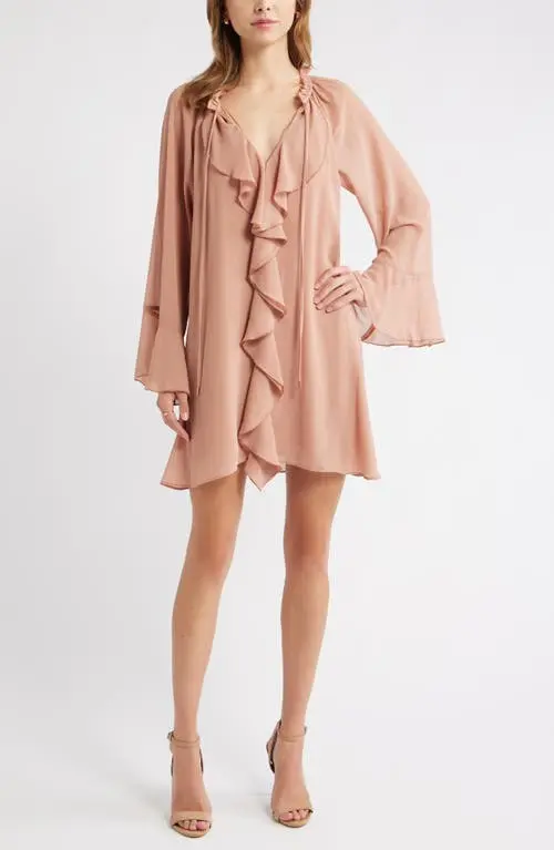 Open Edit Ruffle Chiffon Shift Dress In Tan Cork - 50% Off | Editorialist
