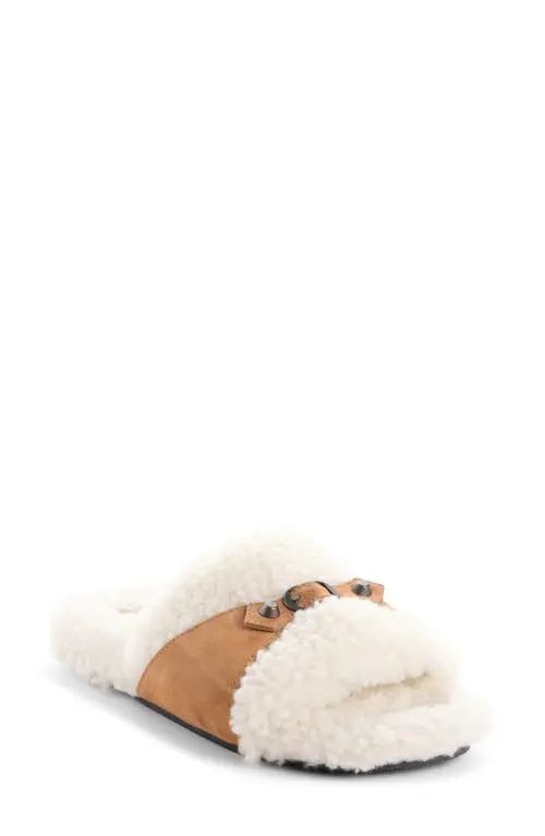 Balenciaga Furry Faux Fur Slide Sandal - Off White/brown/brass