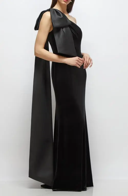 After Six Satin Bow One-shoulder Velvet Mermaid Gown
