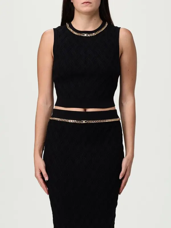 Elisabetta Franchi Cropped Knit Top With Chain Detail - Black