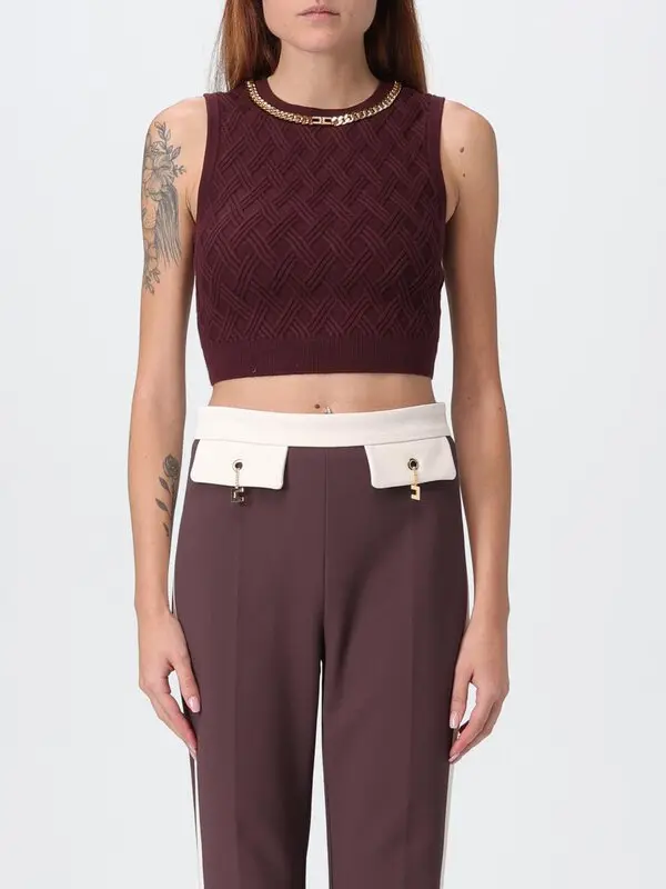 Elisabetta Franchi Cropped Knit Top With Chain Detail - Wine