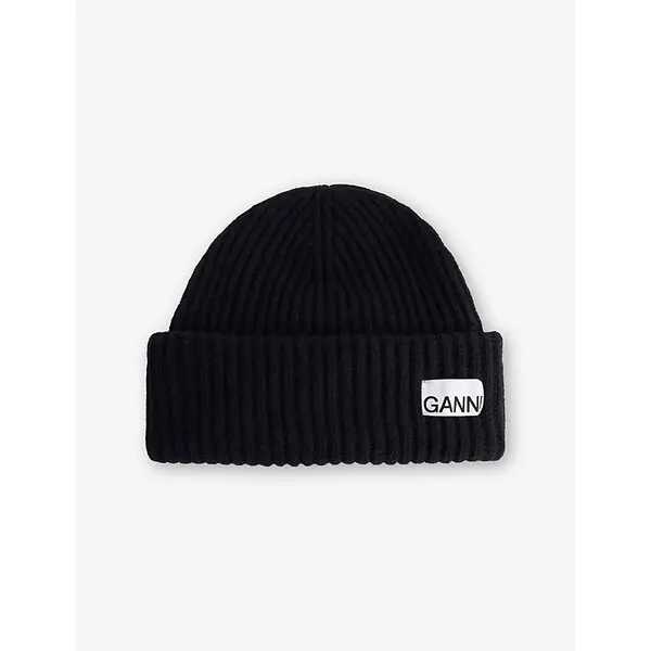 GANNI Logo-patch Wool-blend Beanie - Black
