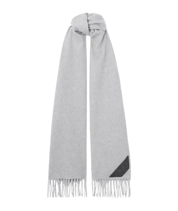 Bottega Veneta Intrecciato Leather-trimmed Fringed Cashmere Scarf - Gray