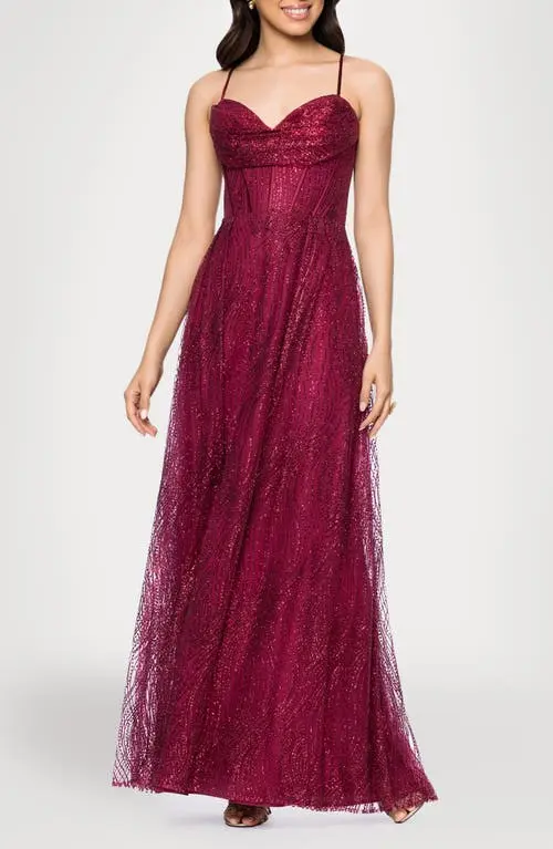 BLONDIE NITES Glitter Draped Lace-up Gown