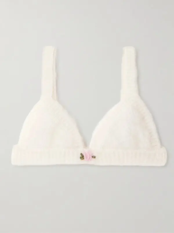 Alessandra Rich Embroidered Mohair-blend Bralette - White