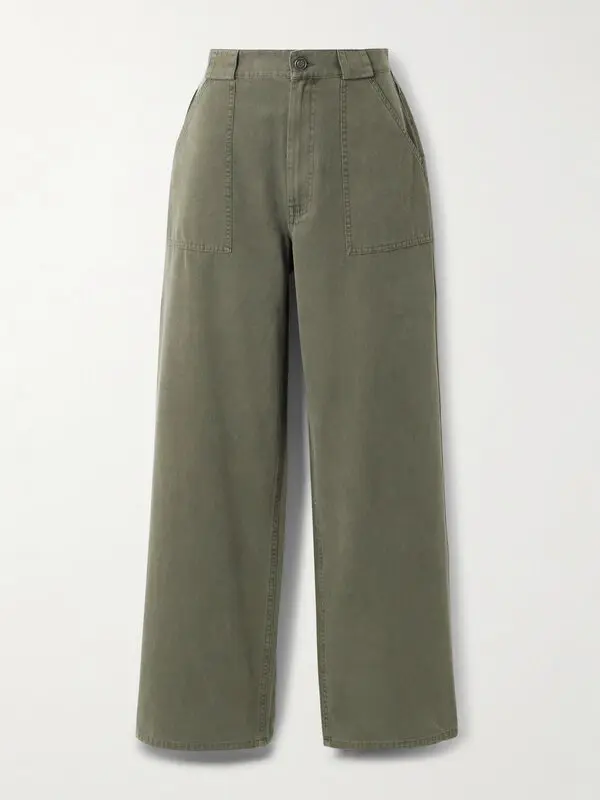 ANINE BING Grayson Cropped Cotton-canvas Wide-leg Pants - Green