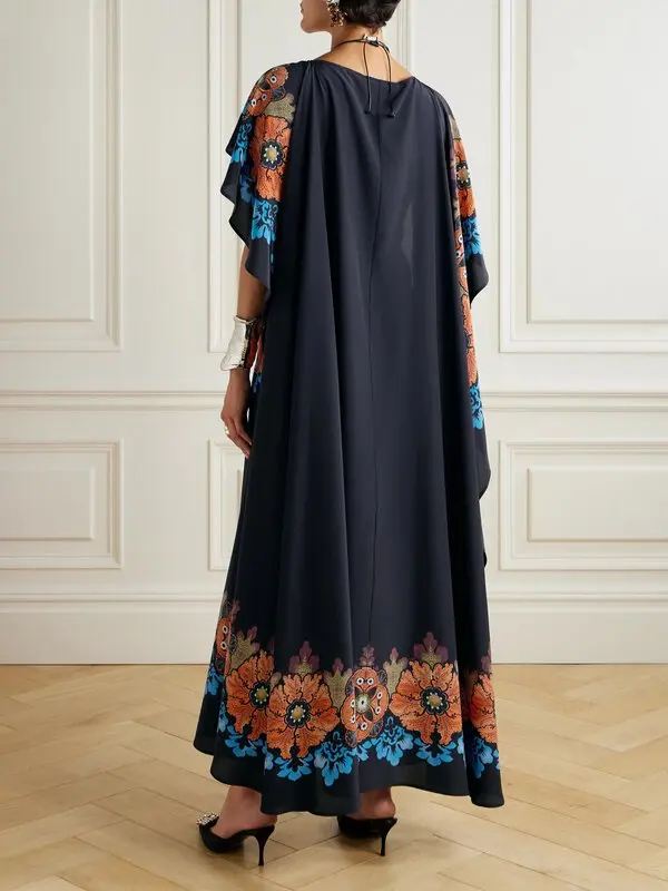 La DoubleJ Printed Silk-crepe Maxi Dress With Cape-effect - Blue