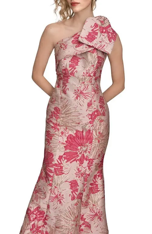 Donna Karan New York Metallic One-shoulder Jacquard Mermaid Gown - Fuchsia Multi