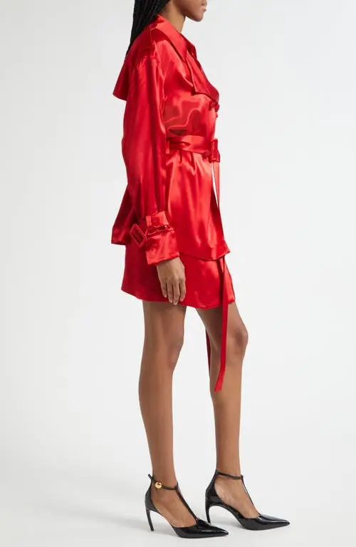 FERRAGAMO Long Sleeve Satin Trench Shirt - Dark Red