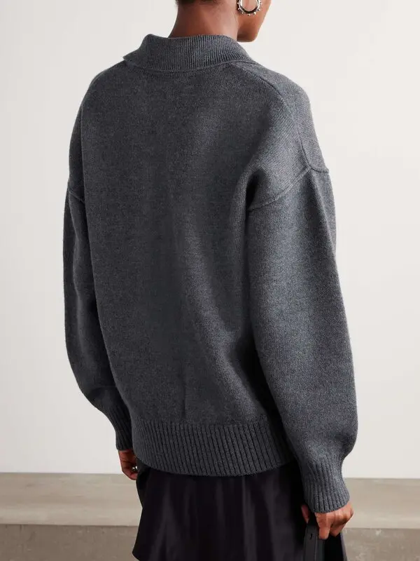 Ami Oversized Intarsia-knit Wool Polo Sweater - Dark Gray