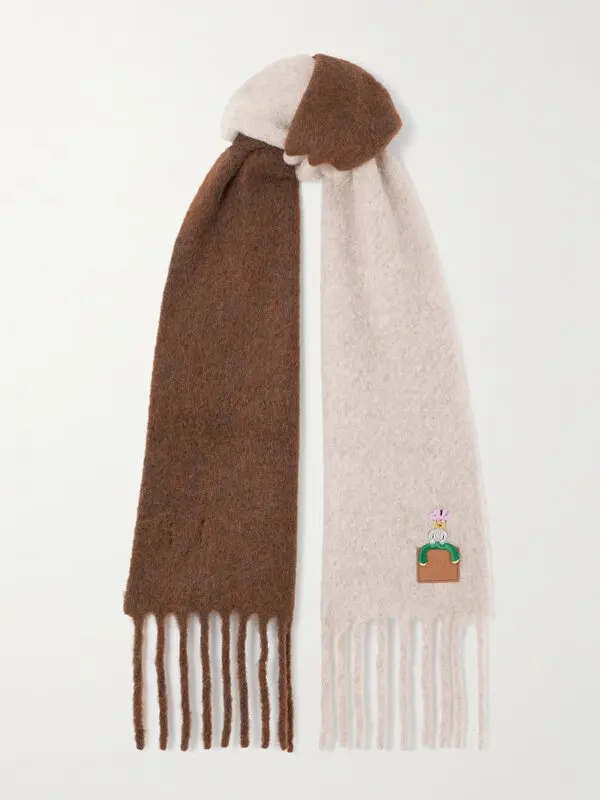 Loewe Crystal-embellished Embroidered Appliquéd Fringed Alpaca-blend Scarf - Neutrals