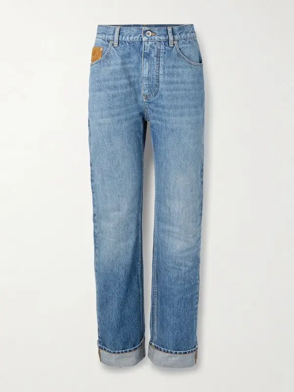 Bottega Veneta Suede-trimmed High-rise Straight-leg Organic Jeans - Blue