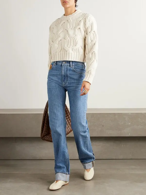 Bottega Veneta Suede-trimmed High-rise Straight-leg Organic Jeans - Blue