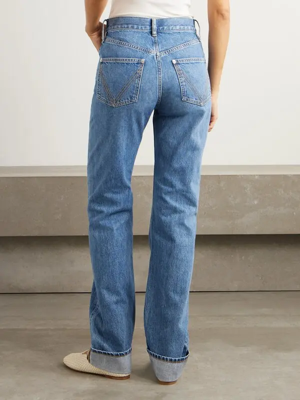 Bottega Veneta Suede-trimmed High-rise Straight-leg Organic Jeans - Blue