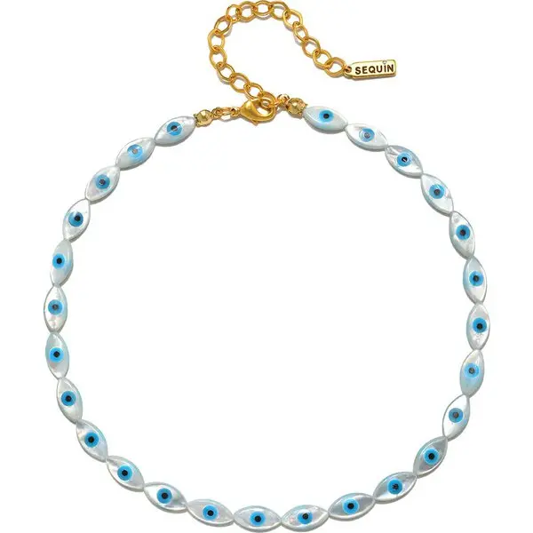 Sequin Beaded Mother-of-pearl Evil Eye Choker - White