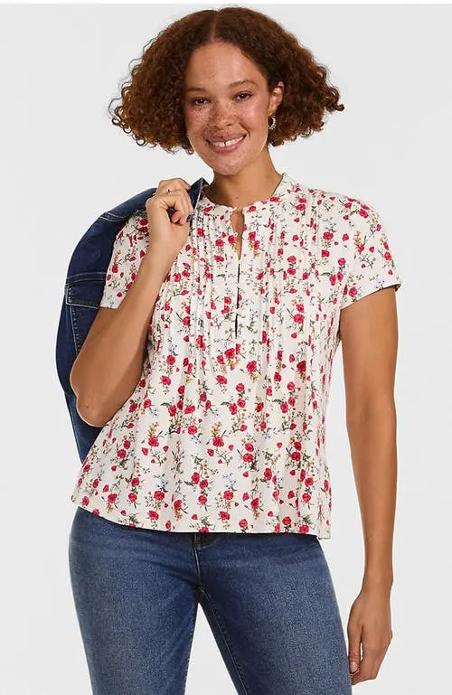 LANDS' END Short Sleeve Pintuck Button Top - Ivory Mini Poppy Floral