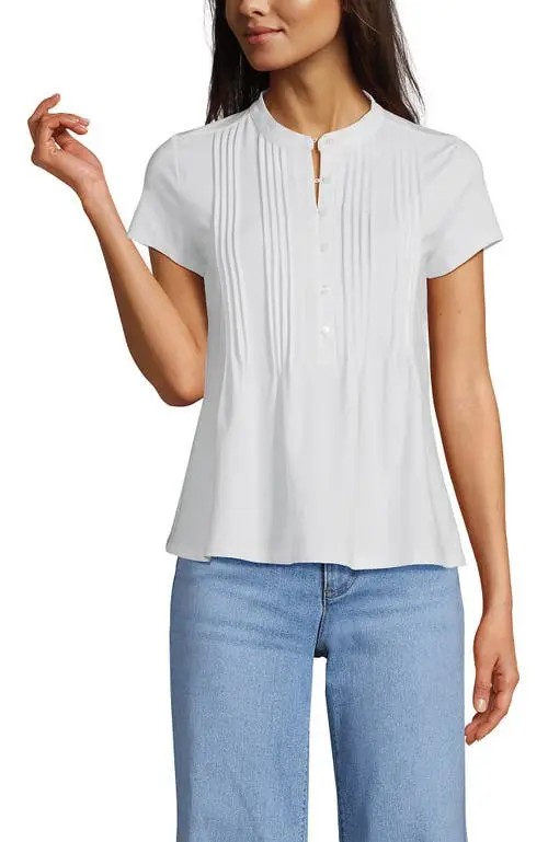 LANDS' END Short Sleeve Pintuck Button Top - White