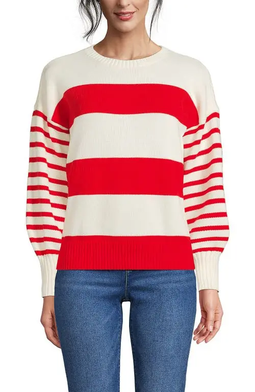 LANDS' END Drifter Jersey Crewneck Sweater - Coral Red/ivory Stripes