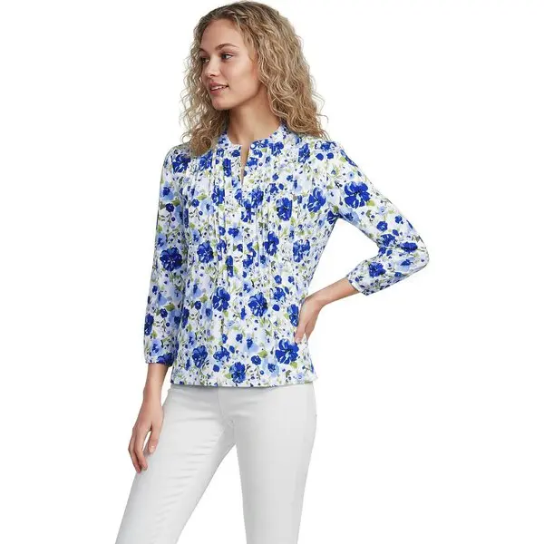 LANDS' END Lightweight Jersey Pintuck Top - Clear Blue Painted Blooms