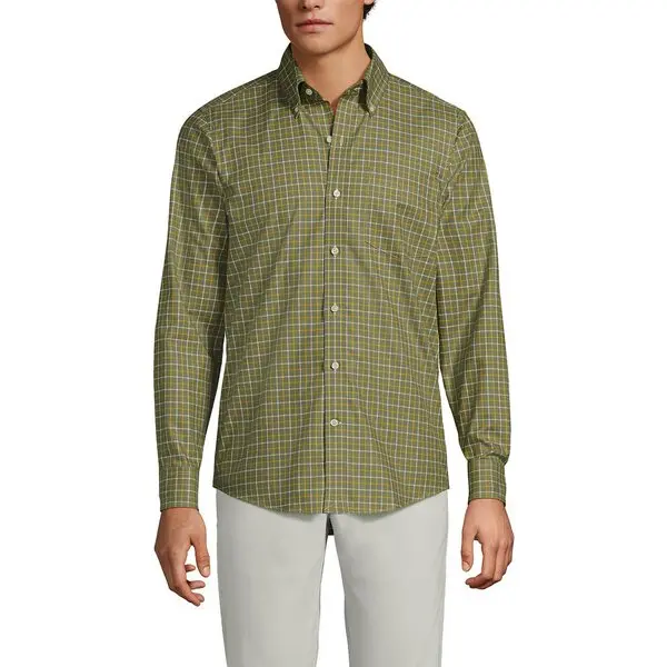 LANDS' END Tailored Fit No Iron Twill Long Sleeve Shirt - River Stone Green/gold Plaid