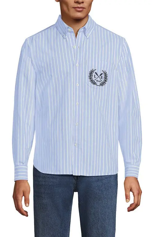 LANDS' END Traditional Fit Comfort-first Sail Rigger Oxford Shirt - Le Crest/soft Blue Stripe