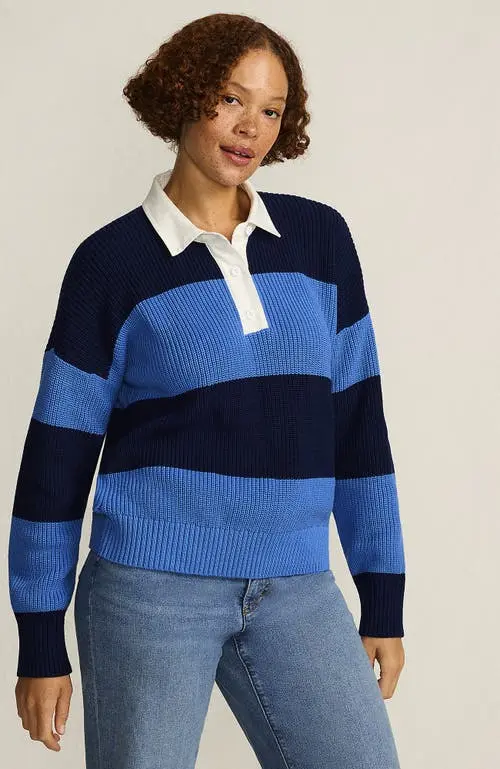 LANDS' END Drifter Rugby With Woven Collar Sweater - Muted Cobalt Blue/navy Rugby