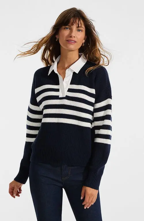 LANDS' END Drifter Rugby With Woven Collar Sweater - Navy/ivory Placed Stripe