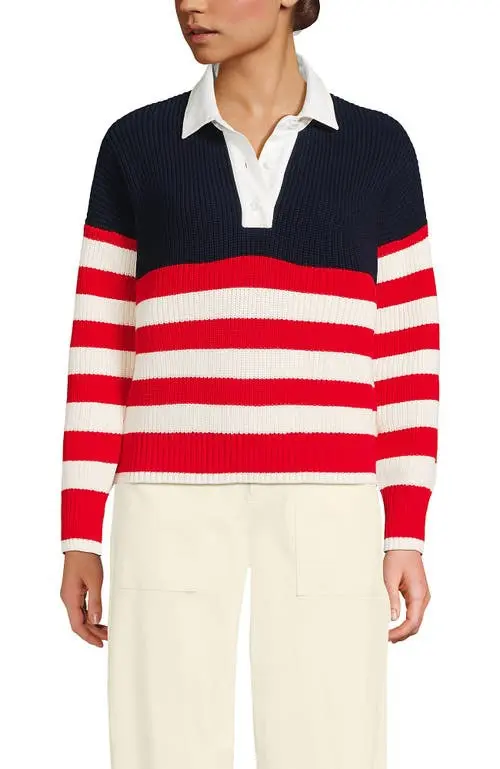 LANDS' END Drifter Rugby With Woven Collar Sweater - Red/ivory American Flag