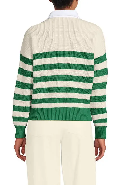LANDS' END Drifter Rugby With Woven Collar Sweater - Vibrant Clover Stripe