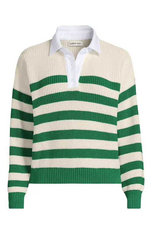LANDS' END Drifter Rugby With Woven Collar Sweater - Vibrant Clover Stripe