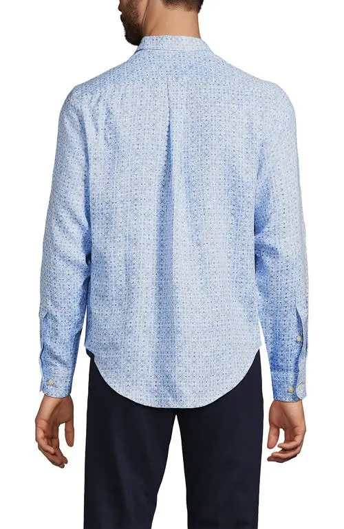 LANDS' END Long Sleeve Linen Shirt - Crisp Blue Mosaic
