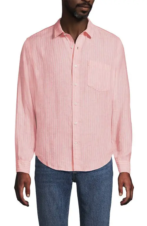 LANDS' END Long Sleeve Linen Shirt - Pale Sunset Coral Pink Stripe