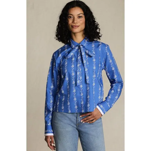 LANDS' END Easy Care Bow Blouse - Muted Cobalt Floral Stripes