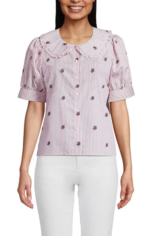 LANDS' END Puff Sleeve Ruffle Collar Shirt - White/brown Floral Stripe