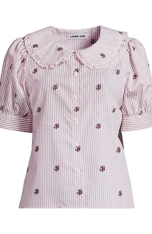 LANDS' END Puff Sleeve Ruffle Collar Shirt - White/brown Floral Stripe
