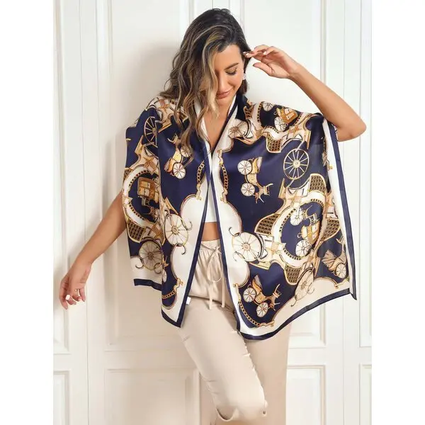SILKSILKY Mulberry Silk Printed Carriage Long Rectangle Shawl Scarf - Dark Blue