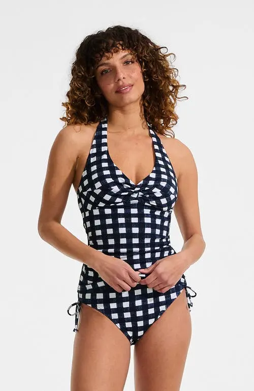 LANDS' END Twist Halter Tankini Top - Navy Gingham Pique