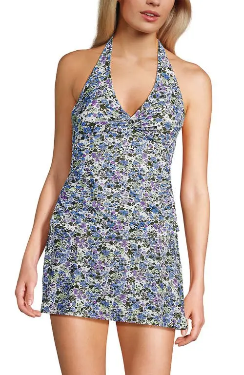 LANDS' END Twist Halter Tankini Top - White/lilac Multi Ditsy Floral