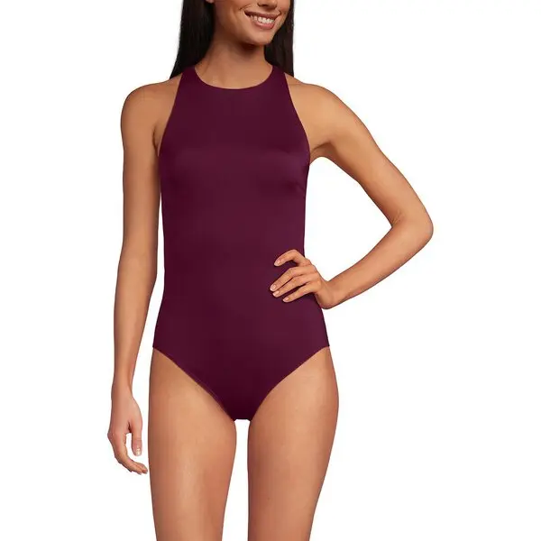 LANDS' END Tugless High Neck Portrait Back One-piece Swimsuit - Berry