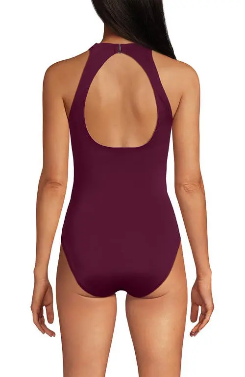 LANDS' END Tugless High Neck Portrait Back One Piece Swimsuit - Berry