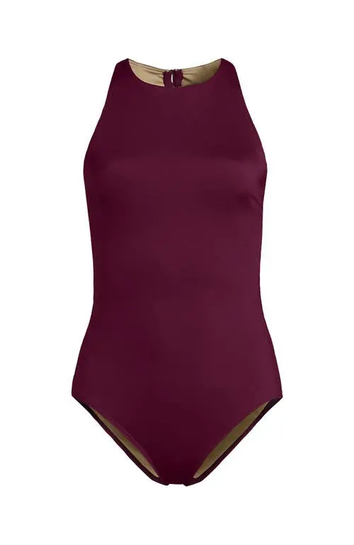 LANDS' END Tugless High Neck Portrait Back One Piece Swimsuit - Berry