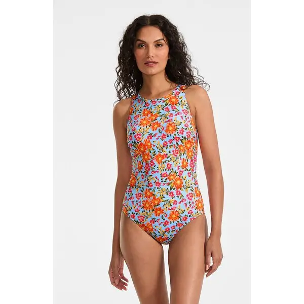 LANDS' END Tugless High Neck Portrait Back One Piece Swimsuit - Blue Springside Floral