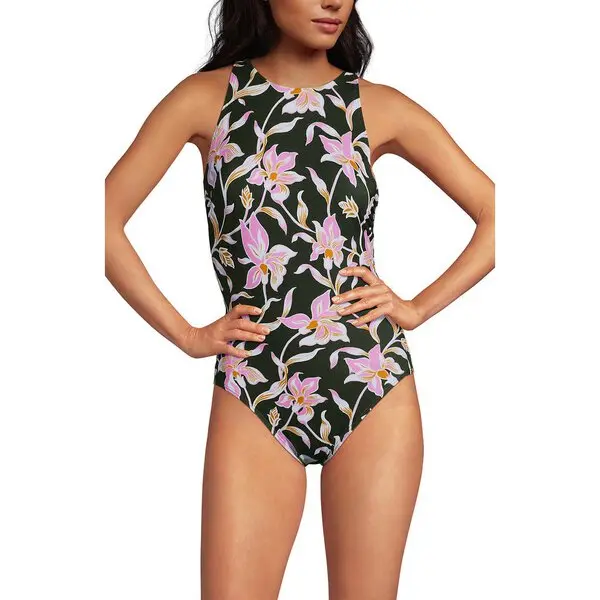 LANDS' END Tugless High Neck Portrait Back One-piece Swimsuit - Tropic Floral/rich Olive