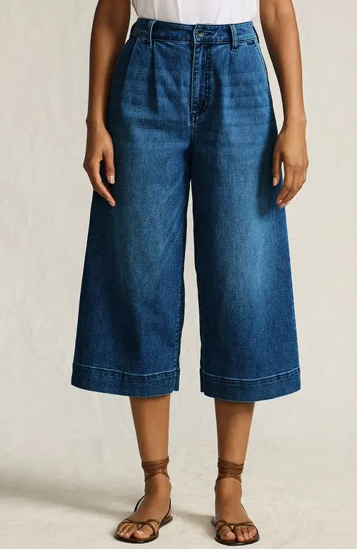 LANDS' END Denim Mid Rise Wide Leg Culottes - Indigo Tide Blue