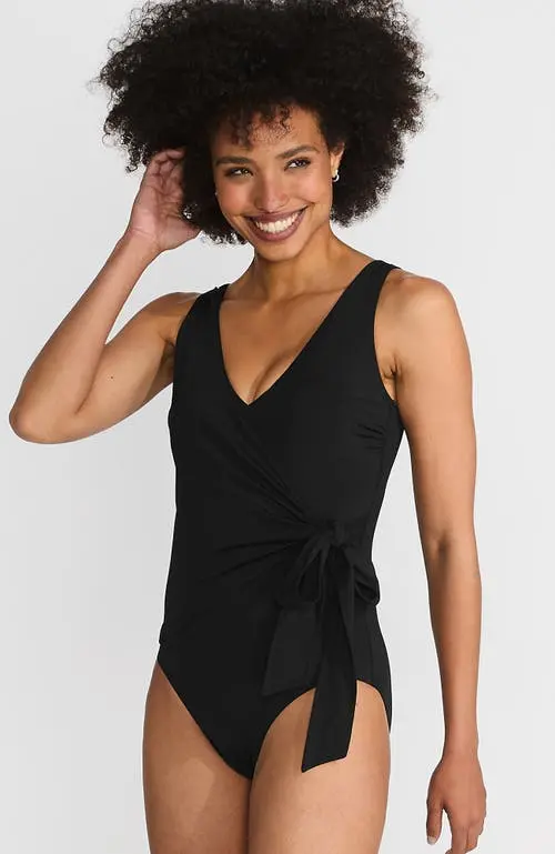 LANDS' END Chlorine Resistant Side Tie Wrap One Piece Swimsuit - Black