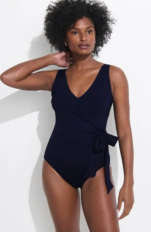 LANDS' END Chlorine Resistant Side Tie Wrap One Piece Swimsuit - Deep Sea Navy